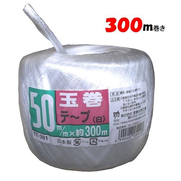 新聞の結束に。農業用・園芸用・アウトドア用・梱包用テープ、管理のしやすい玉巻300ｍ巻き材質　ポリプロピレンサイズ　（50ｍｍ）×３００ｍ色　白【ロープ・荷造りロープ・ロープ用品・結束ロープ・荷造りテープ・ひも・業務用ロープ・ポリロープ】