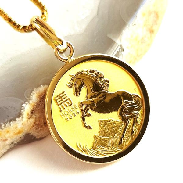 2026年限定品 24金 干支ホース金貨〈Year of the Horse〉純金コイン（99.99%）ネックレス　コインペンダント-----【商品セット内容】・純金コインネックレス 干支十二支 馬（午）金貨 1/20オンス 2026年製・...