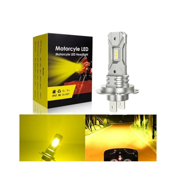 バイク用 H7 超高輝度 LED ヘッドライト バルブ ゴールド イエロー。 1個セットファンレス Hi/Lo切り替え式。こちらの商品は オートバイ用のH7LEDヘッドライトバルブです。超高輝度3570ゴールドイエローLED搭載。耐熱性抜群...