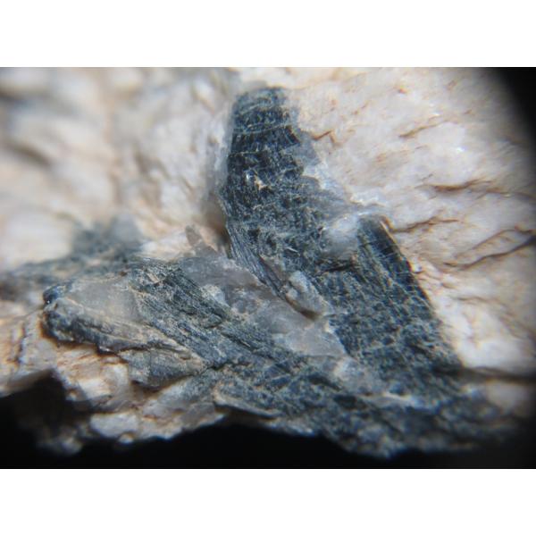 リチア電気石(ELBAITE)産地　福岡県福岡市西区長垂山濃い藍色のリチア電気石が何か所か見られます。いわゆるインディゴライト藍電気石と呼ばれるタイプのもの。長さ最大1cm程度のものが束状になっていますが、結晶面を観察することはできません。