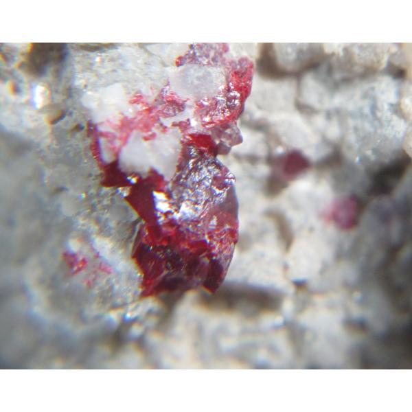 辰砂(CINNABAR)北海道常呂郡置戸町常上紅ノ沢　旭鉱山石英の中や隙間に見られる自形結晶。どれもが１mmほどと細かなもの。