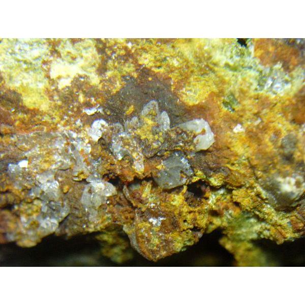 白鉛鉱(CERUSSITE)産地　岐阜県飛騨市神岡町神岡鉱山二十五山最大2mmほどの小さな白鉛鉱です。母岩の隙間にいくつか見られます。