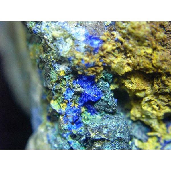 青鉛鉱(LINARITE)産地　秋田県仙北郡協和町亀山盛鉱山母岩の隙間に見られるもの。個々の結晶サイズは大きくても1〜2mmほどです。