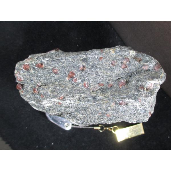 鉄ばんざくろ石(ALMANDINE)　産地　愛媛県四国中央市土居町関川三波川変成岩中の鉄ばんざくろ石。河原の転石より採集されたもの。母岩中に最大1cmほどの結晶が見られます。