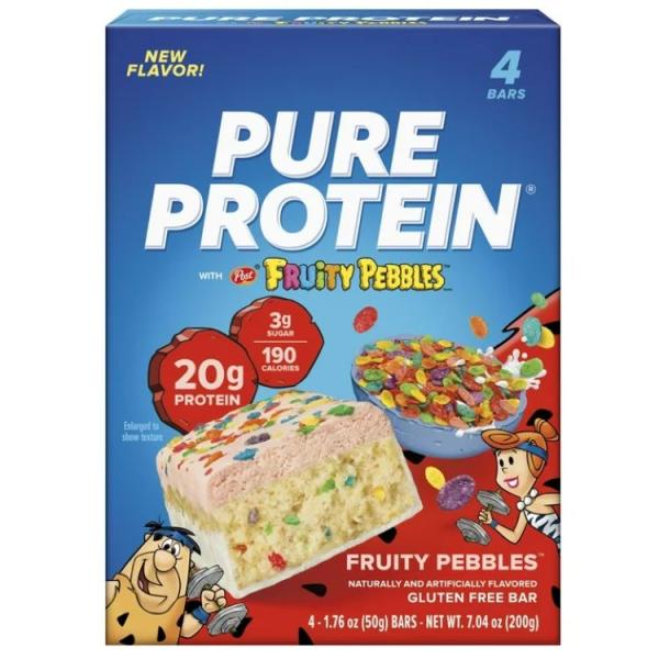 Fruity Pebbles風味のPure Proteinバー4本入りで、カラフルシリアル“フルーティペブルス”の味を楽しめるグルテンフリー高たんぱくバーです。1本あたりたんぱく質20g・砂糖2g・200kcalの低糖質バーとして、ワークア...