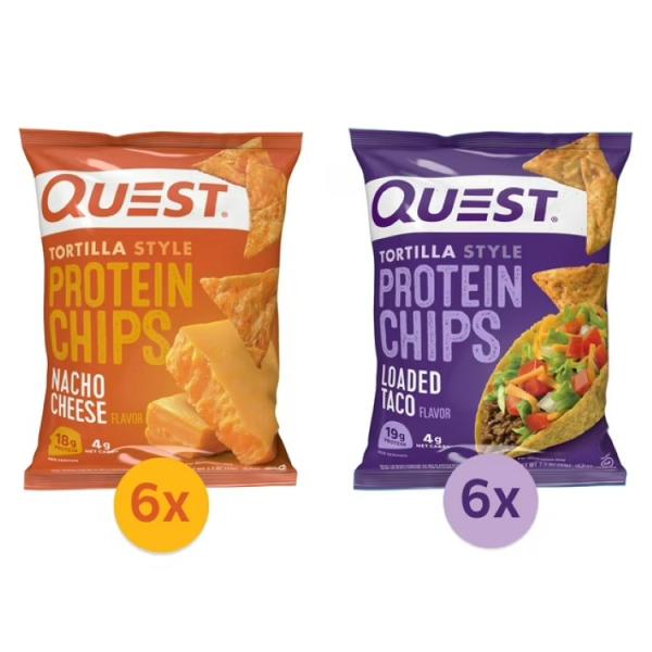 Quest トルティーヤスタイルプロテインチップスのナチョチーズ＆ローデッドタコ バラエティパックは、各6袋ずつの計12袋セットで、フレーバーにより1袋あたりたんぱく質18?20g・ネット炭水化物3?4gの焼きチップスです。乳由来高品質たん...