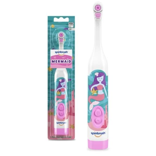 スピンブラシ マーメイド キッズ 電池式電動歯ブラシは、3歳以上の子ども向けに設計された、毎日の歯みがきを楽しく続けやすい電動歯ブラシです。小さな口に配慮したコンパクトなブラシヘッドとやわらかめ毛先を採用し、下部の固定ブラシと回転するヘッド...