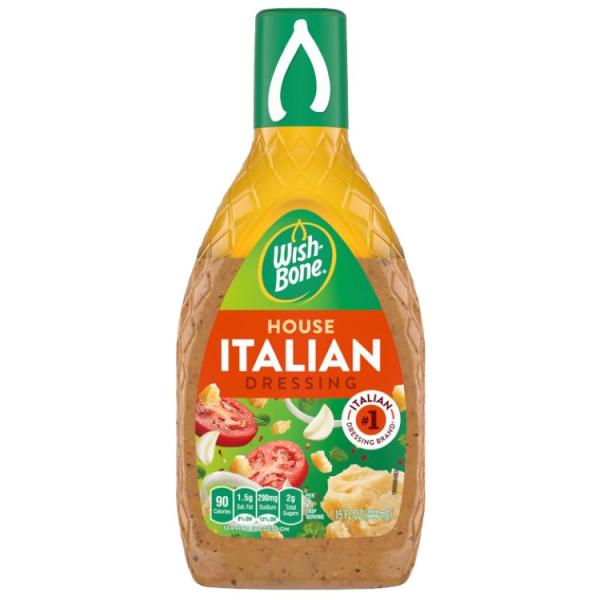 ウィッシュボーン ハウス イタリアンドレッシング 443mL パルメザンチーズとガーリックを加えたシグネチャーレシピで、果糖ブドウ糖液糖・人工保存料・人工香料不使用、パスタサラダやマリネ、フレッシュサラダに使いやすい一本です。