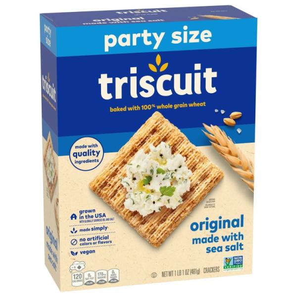 トリスケット オリジナル 全粒粉クラッカーのパーティーサイズです。内容量は約482gで、パッケージデザインは変更される場合があります。100％全粒粉小麦を使用し、植物油と海塩を合わせたシンプルで香ばしい味わいが特長です。焼き上げタイプで、ザ...