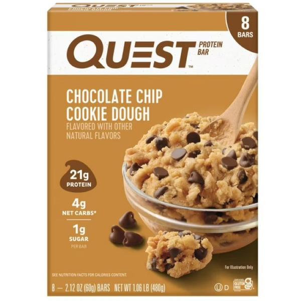 Quest チョコチップクッキードウ味プロテインバーのバリューパックで、1本あたりたんぱく質21g・ネット炭水化物4g・砂糖1g・食物繊維14gを含むグルテンフリーバーが8本入りです。乳由来たんぱく質のみを使用し、自社レシピのチョコチップや...