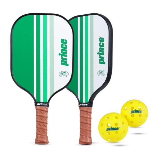 Prince 5点 ファイバーグラス ピックルボールセット グリーン。USA Pickleball認定のファイバーグラス製パドル2本、屋外用ピックルボール2個、持ち運びに便利なクリアバックパック1個が含まれたセットです。耐久性、快適性、オー...