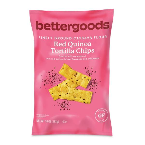 ベターグッズ キャッサバ粉 レッドキヌア トルティーヤチップス 約283gは、キャッサバ粉をベースにレッドキヌアやブラウンフラックスシード、チアシードを使用したトルティーヤチップスです。 アボカドオイルで揚げた、サクッとした食感と風味が特長...