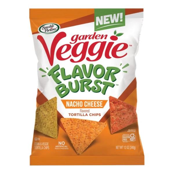 センシブルポーションズのガーデンベジ フレーバーバースト トルティーヤチップス ナチョチーズ味は、コーンとカラフルな野菜を練り込んだチップスに、ナチョチーズの濃厚な風味をプラスした、やみつき必至のスナックです。赤・緑・オレンジの3色チップス...