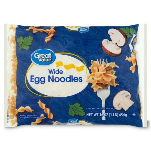幅広で平たい形状が特長の、グレートバリューのワイドエッグヌードルです。ひと口サイズで食べやすく、フォークに巻き付ける必要がないため、手軽に楽しめます。バターやチーズを合わせたシンプルな付け合わせはもちろん、ビーフチップスやスウェーデン風ミー...