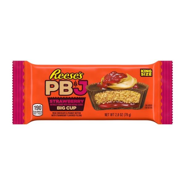 内容量79g（2.8オンス）のリーシーズ ビッグカップ PB＆J ストロベリー ミルクチョコレート キングサイズ ピーナッツバターカップです。 リーシーズのピーナッツバターカップに、ストロベリーフレーバーのフィリングを重ねたPB＆J風の味わ...