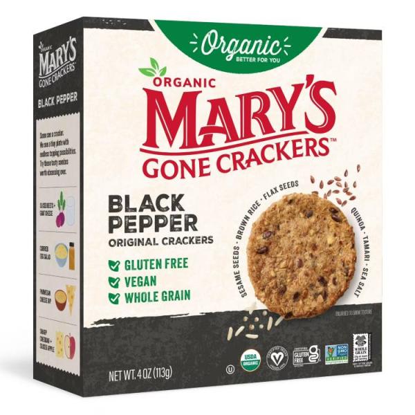 メアリーズ ゴーンクラッカーズ ブラックペッパーオーガニック認証・グルテンフリー・Non-GMO・ヴィーガン・全粒穀物・コーシャ認証取得。品質と食事スタイルに配慮したブラックペッパー風味のクラッカーです。シンプルでクリーンなオーガニック原材...