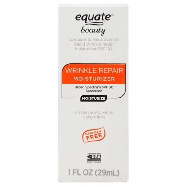 Equate リンクル リペア モイスチャライザー SPF30 年齢サインを目立ちにくく見せる設計。ヒアルロン酸、ビタミンCを組み合わせた処方。SPF30で紫外線から肌を守ります。パラベン不使用。