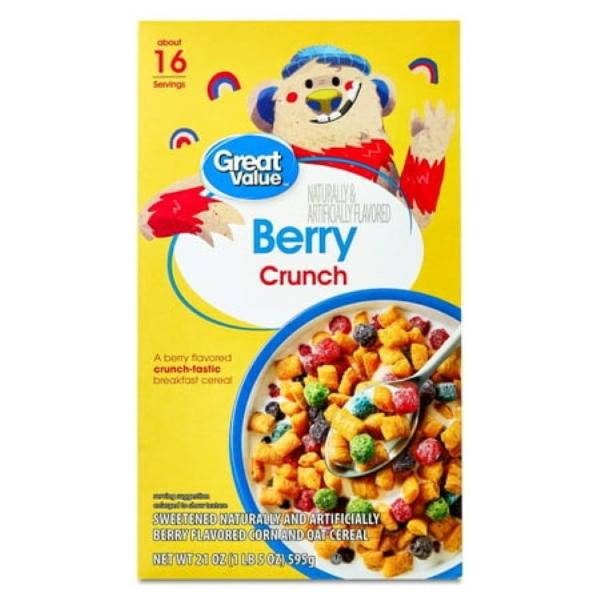 グレートバリュー ベリークランチ 朝食用シリアル 21oz。甘味のあるコーンとオーツを使用したベリー風味のシリアル。カラフルなベリー粒入りで、サクサクとした食感。朝食はもちろん、間食にも最適。天然および人工香料使用。1箱約16食分。
