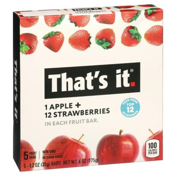 That’s It. アップル＋ストロベリー フルーツバーは、原材料がりんごといちごだけのシンプル設計で、もちもち食感が楽しめるフルーツスナックです。保存料不使用で、砂糖の追加、濃縮物やピューレも使用していません。主要アレルゲンに配慮した環...