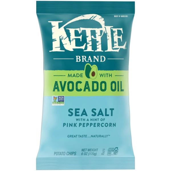 ケトルブランド アボカドオイル シーソルト＆ピンクペッパーコーン ポテトチップスは、アボカドオイルで仕上げたポテトチップスです。内容量6オンス（約170g）。 シーソルトのシンプルな味わいに、ピンクペッパーコーンのさわやかな風味をアクセント...
