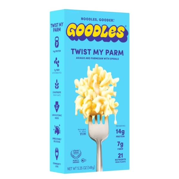 Twist Parm Noodlesはアジアーゴとパルメザンチーズを使ったソースとフジッリパスタを組み合わせたGOODLESのマック＆チーズで、ねじれたパスタにクリーミーなソースがよく絡む一品です。小麦粉とヒヨコ豆たんぱく、野菜由来の栄養素...
