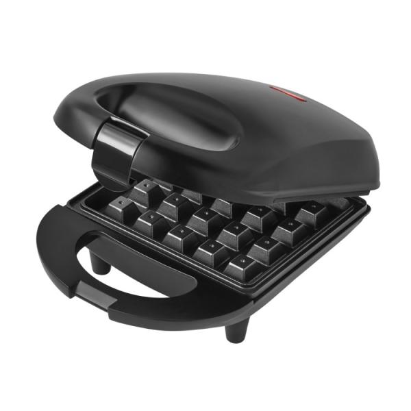 メインステイズ 1枚焼きワッフルメーカー。クールタッチハンドル、立てて収納できる省スペース設計、ブラックプラスチックハウジング、ノンスティック調理プレート、電源インジケーターライト、収納用コード巻き取り付き。状態：新品。ブランド：メインステイズ。