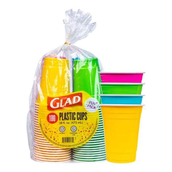 【商品説明】Glad Everyday クラシック マルチカラー プラスチックパーティーカップ（16oz）100個入りです。イエロー・ピンク・グリーン・ブルーの4色各25個のセットです。【特徴】・16oz（約473ml）の大容量設計・しっか...