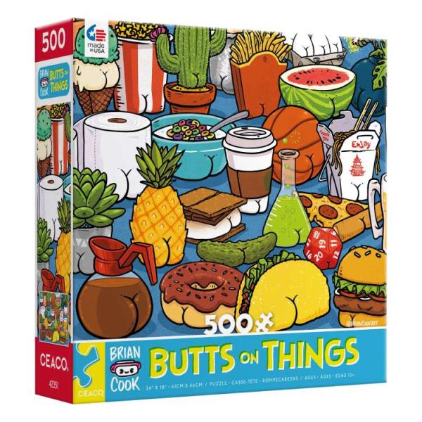 Ceaco Brian Cook - Butts on Thingsは、500ピースのインターロッキングジグソーパズルです。12歳以上におすすめで、完成サイズは約61.0×45.7cm。手作業で作られたユニークな型によるランダム形状のピース...