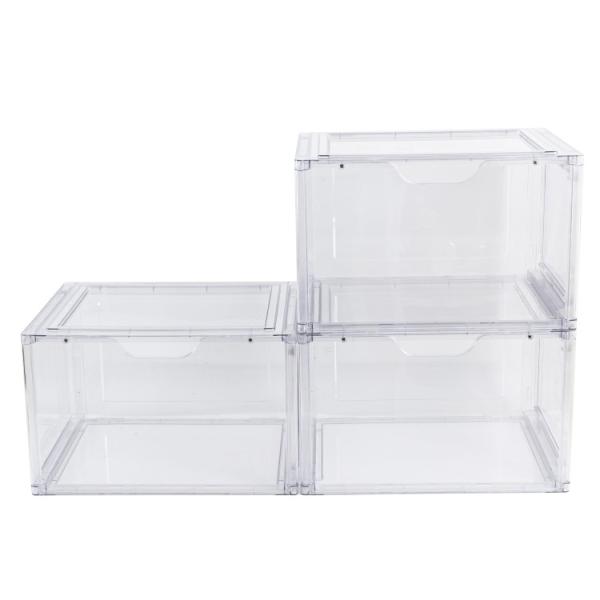 メインステイズ 3個セット スタッキングシューズボックス。単品サイズ：約38.4cm（長さ）×30.0cm（幅）×24.1cm（高さ）。組み立て時重量：約4.9kg。BPAフリーPET素材を使用した丈夫な作りです。積み重ねできるデザインで省...