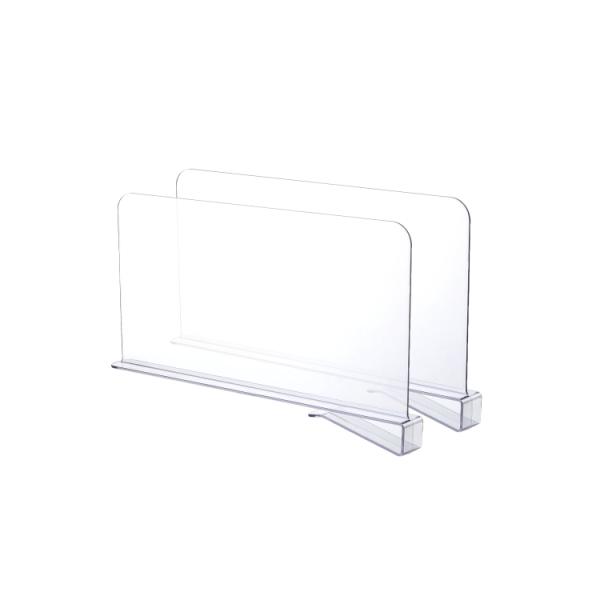 多機能シェルフディバイダー。商品サイズ：各約35.6×20.8×3.3cm。クリアプラスチック製。大人向け。クローゼットやパントリーの整理に最適です。