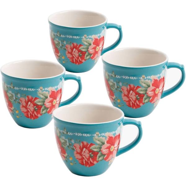 【商品説明】The Pioneer Woman ヴィンテージフローラル 4ピース マグセット（16floz）です。スカラップエッジと繊細なエンボス加工が施されたラスティックデザインのストーンウェアマグです。電子レンジ・食洗機対応。The P...