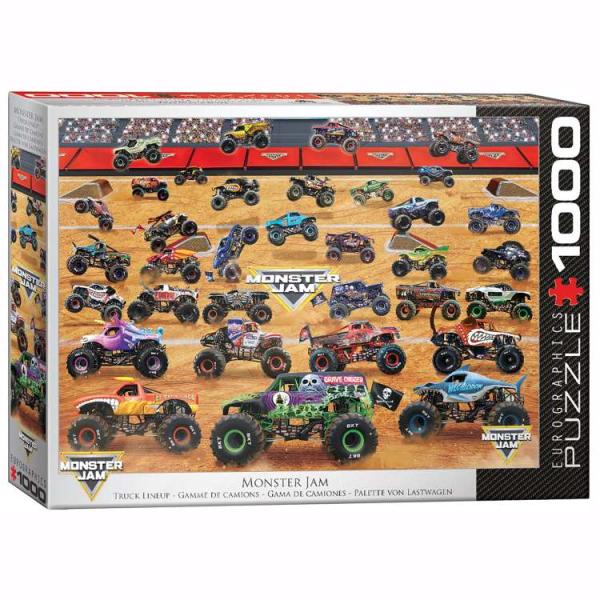 モンスタートラックをテーマにした1000ピースジグソーパズルです。Grave DiggerやEl Toro Locoなどの人気車両を、迫力のあるカラフルなデザインで楽しめます。完成サイズは約67.3×48.9cm。リサイクルボードと植物由来...