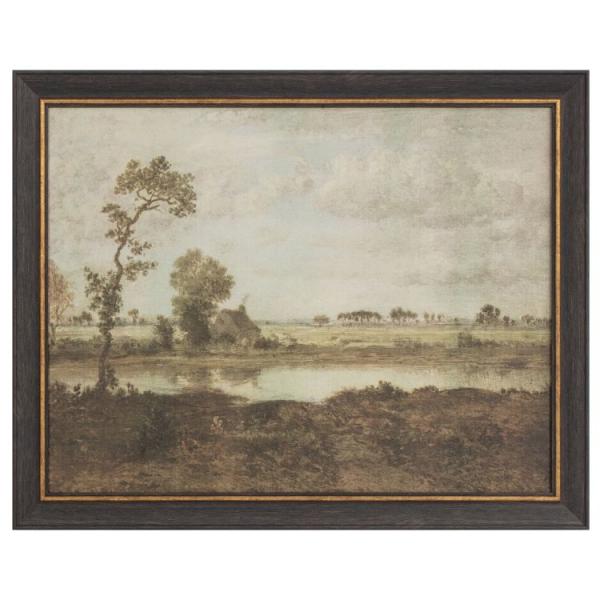 フランス人アーティスト、テオドール・ルソーによるクラシックアートで、19世紀の風景画を描いた作品です。軽い質感のサンディングブラックウォッシュフレームに、軽い質感のアンティークブラスアクセントフォイルを組み合わせています。Dリングハンガー2...