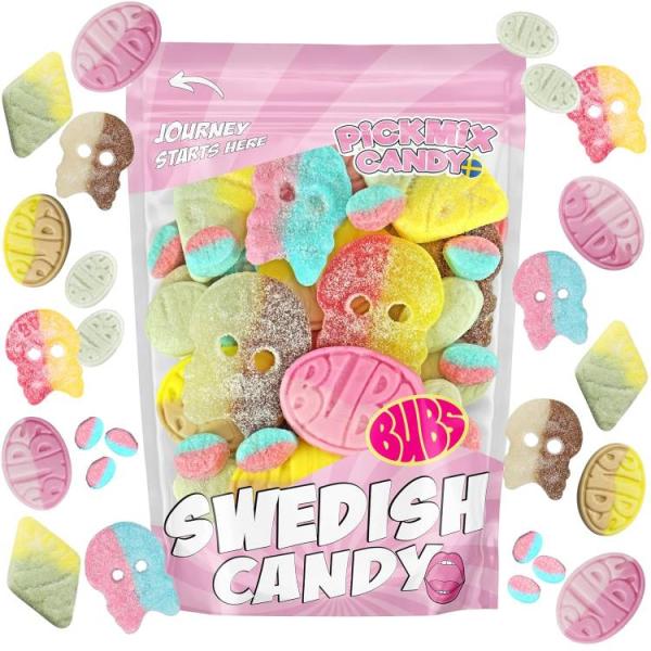 バブス スウェディッシュキャンディ ミックスは、BUBSの人気フォームキャンディを8種類詰め合わせた、甘い味とサワー味を楽しめるバラエティパックです。バナナオーバル、ワイルドストロベリー＆ポメグラネートオーバル、ディジースカル、サワースカル...