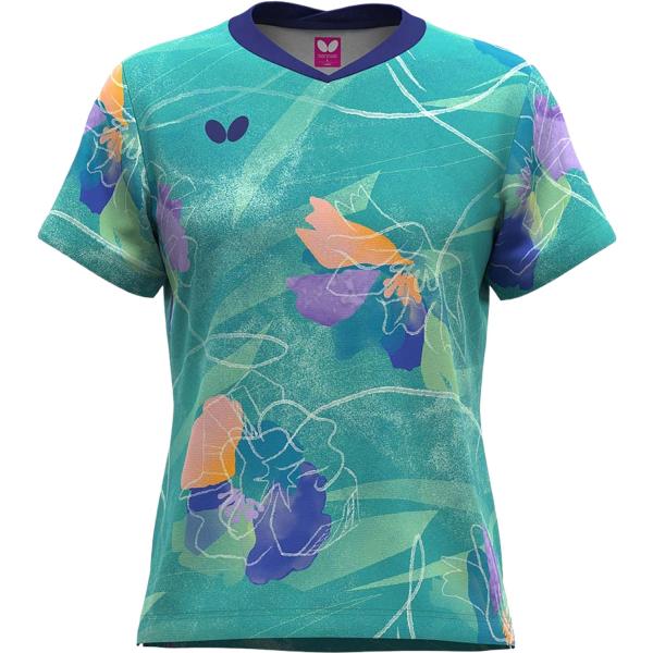 バタフライ Butterfly ハルネオ・シャツ  47899　卓球　水彩タッチのにじみと繊細かつ大胆なストロークが調和した、花柄のレディース用ゲームシャツです。『ハルネオ・パンツ』とのセットアップがお勧めです。