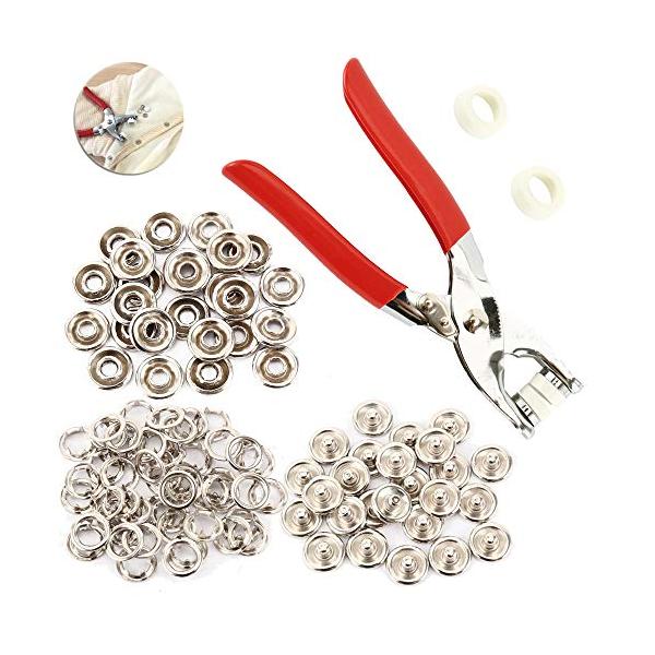 100個入りのスナップボタンセット・金属銅製：光沢あり、耐久性も強い・便利なセット：専用ハンディープレス・適用：ベビー服、子供服、介護ウエア、レインコートなど。DIY素材としても最適・使いやすい：押したらオッケー糸も針も使わずに付けられる