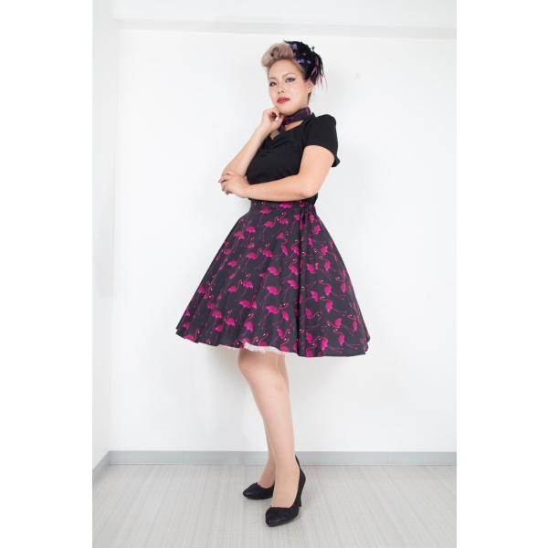 ＳｐｉｃｅＵｐ☆Ｇｒｏｏｖｙオリジナルサーキュラースカート☆５０’ｓやピンナップ、ロカビリー、オールディーズ好きには、たまらないサーキュラースカート☆黒地にピンクのフラミンゴ柄で落ち着いたカラーリングは大人女子にピッタリ！！共布おリボン付き...