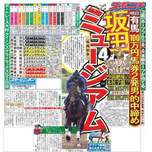 スポーツニッポン東京最終版12月27日付（宅配）大島中 初連覇　ジョホール日本人学校高山一実 ふくらP 離婚浅川梨奈"憧れ"波瑠の結婚祝福初タッグ 大谷 雄星