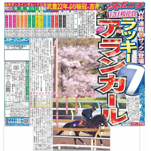 スポーツニッポン東京最終版4月10日付（宅配）投打で現在メジャー最長 大谷茨木 １勝川栄李奈 離婚TWS「42の心を引きつける」14曲熱唱山崎賢人「ジョン万」ザッケローニ氏単独インタビュー