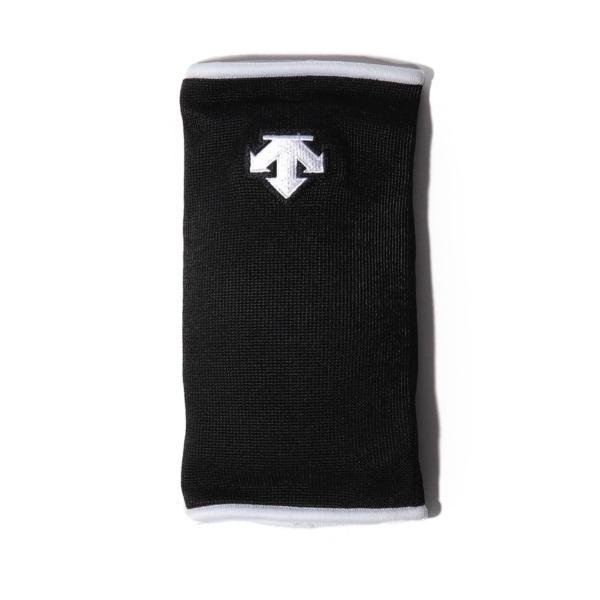 縦伸びストレッチで着用時のずれを軽減。パッドに通気孔を開け群れを軽減。■メーカー：デサント DESCENTE■品名：【バレーボール】エルボーパッド■品番：DVB8710B■カラー：BLK（ブラック×ホワイト）■サイズ：F（縦：19.5cm　...