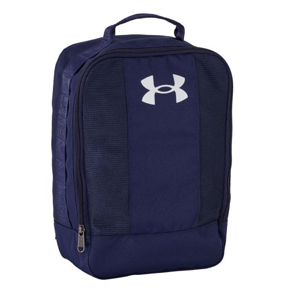 【商品名】UA SHOES BAG 2【カラー】410 Midnight Navy /  /【生産国】Vietnam【素材】ポリエステル100%【特長】フロント部分のメッシュパネルで湿気を逃がすシングルファスナー使用持ち運びに便利なハンドル付き