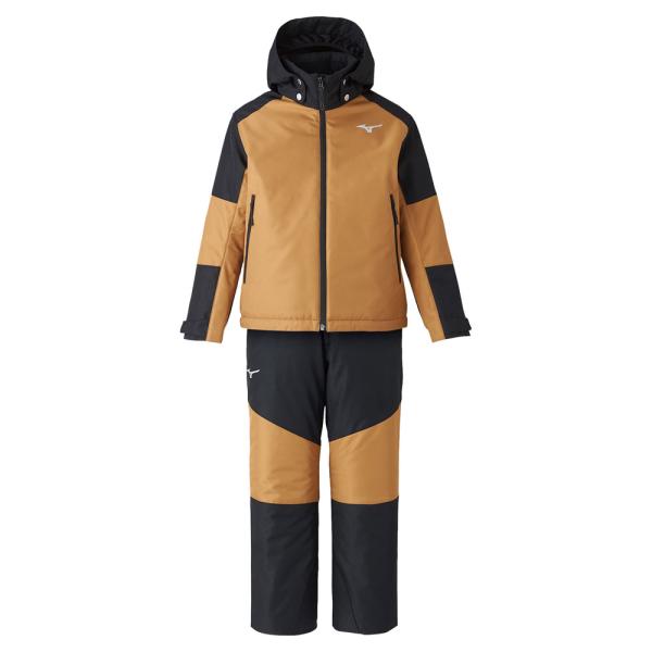 【発熱素材】ブレスサーモ ミズノスノーソリッドスーツ[ジュニア]【カラー】75:コヨーテ×ブラック【素材】表地：ポリエステル100％裏地：ポリエステル100％中綿：ポリエステル100％後身頃上部芯地：合成繊維（ブレスサーモ）65％、ナイロン...