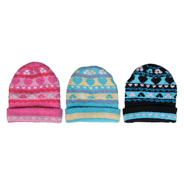 もこもこ素材のあったかニットキャップハート柄がポイントで、通園、通学などの普段使いにも便利！肌当たりがやわらかく、冬の寒い季節には風から守ってくれるニット帽子です。【素材】■ポリエステル100%【サイズ】幅：約24.5cm、本体高さ：約22...