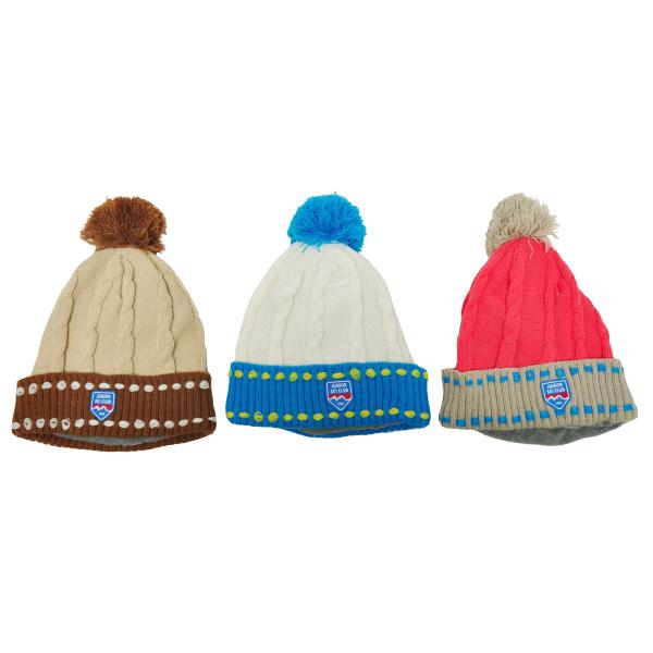 ボンボンつきのキュートなニット帽。キッズ、ジュニア用です。裏はフリース素材仕様なので、風を防ぎあたたかく快適！通学、通園などの普段使い、スキー、スノーボードなどの冬スポーツの際のお供にも最適です。■特徴裏フリースで風を通さず温かい。汗などの...