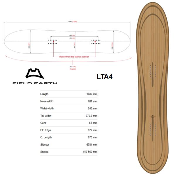 LTAは機敏で操作性に優れたボードです。全体の長さに比べて接地面が短いためライダーの意思に忠実に反応します。また、ノーズの高さも抑えられているためパウダーでも大きな失速をせずに浮力を発揮します。ディレクショナル形状特有の安定感は滑らかな操作...