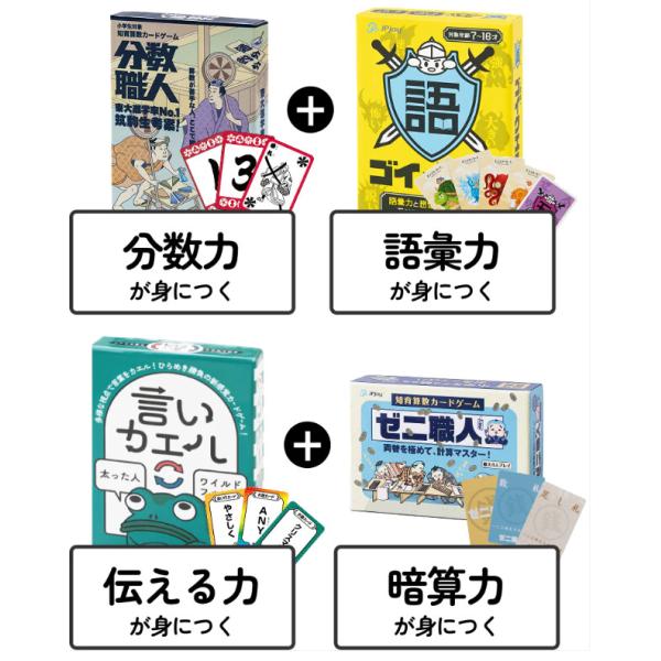 JPjoyで開発した分数職人、ゴイクエスト、言いカエル、ゼニ職人がお得に買える4点セットです。『分数職人』分数カードを組み合わせて複雑な数式を作り出す対戦型の知育カードゲームです。『ゴイクエスト』モンスターの特徴を〈語彙カード〉と〈接続語カ...