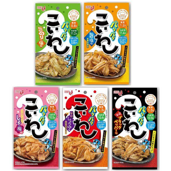 商品説明小いわしを使用したパリパリ食感が楽しめるおつまみセット。旨のり塩味、しそ梅味、旨塩味、甘口しょうゆ、旨塩ブラックペッパーの5種類を食べ比べできます。魚の旨味と軽い食感で、おやつや晩酌にもぴったり。カルシウム補給にもおすすめです。商品...