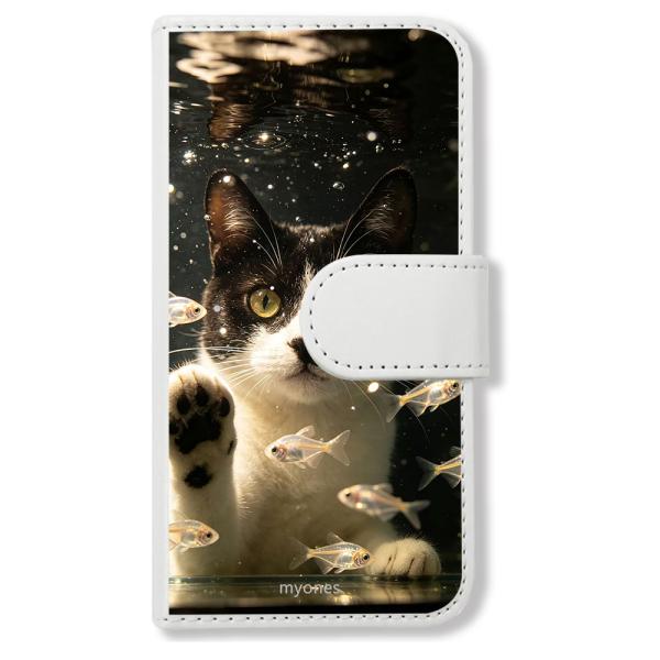 ●商品説明●【商品名】iPhone15 Max 2023 手帳型(ホワイトｘハチワレと魚) 猫 ハチワレ ネコ 魚 水族館 おしゃれ ダイアリータイプ 横開き カード収納 フリップ カバー【対応機種】iPhone15 Max 2023【素材...