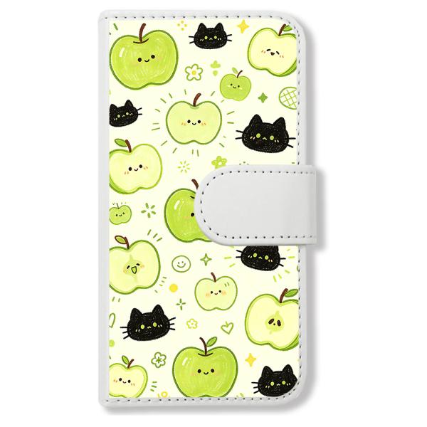 ●商品説明●【商品名】iPhone15 Pro Max 2023? 手帳型(ホワイトｘ黒猫と青リンゴ) 黒猫 りんご 青リンゴ イラスト 総柄 可愛い おしゃれ フルーツ 韓国 ダイアリータイプ 横開き カード収納 フリップ カバー【対応機...