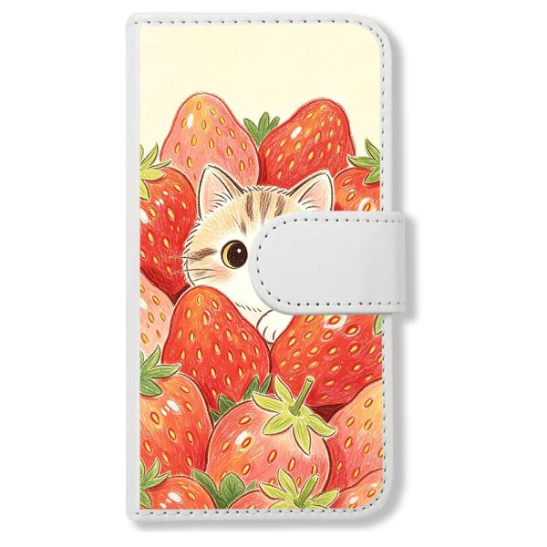 ●商品説明●【商品名】iPhone15 Pro Max 2023? 手帳型(ホワイトｘ猫といちご) 猫 いちご かわいい 苺 リアル イラスト 猫柄 韓国 おしゃれ ダイアリータイプ 横開き カード収納 フリップ カバー【対応機種】iPho...